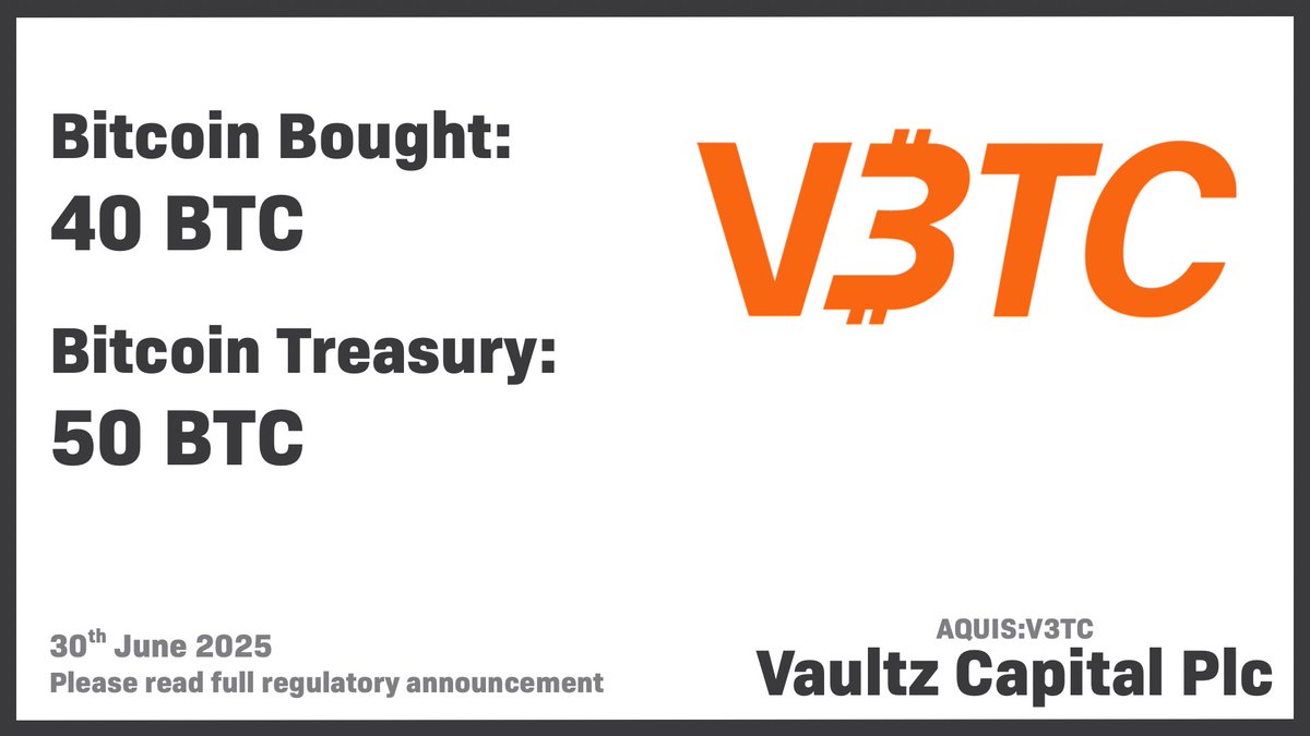 Vaultz Capital plc (AQSE:V3TC) Bitcoin Treasury Update: Purchase of 40 ...